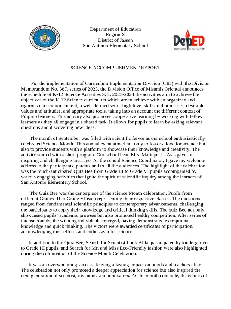 Science Accomplishment 2023 | PDF | Science | Curriculum