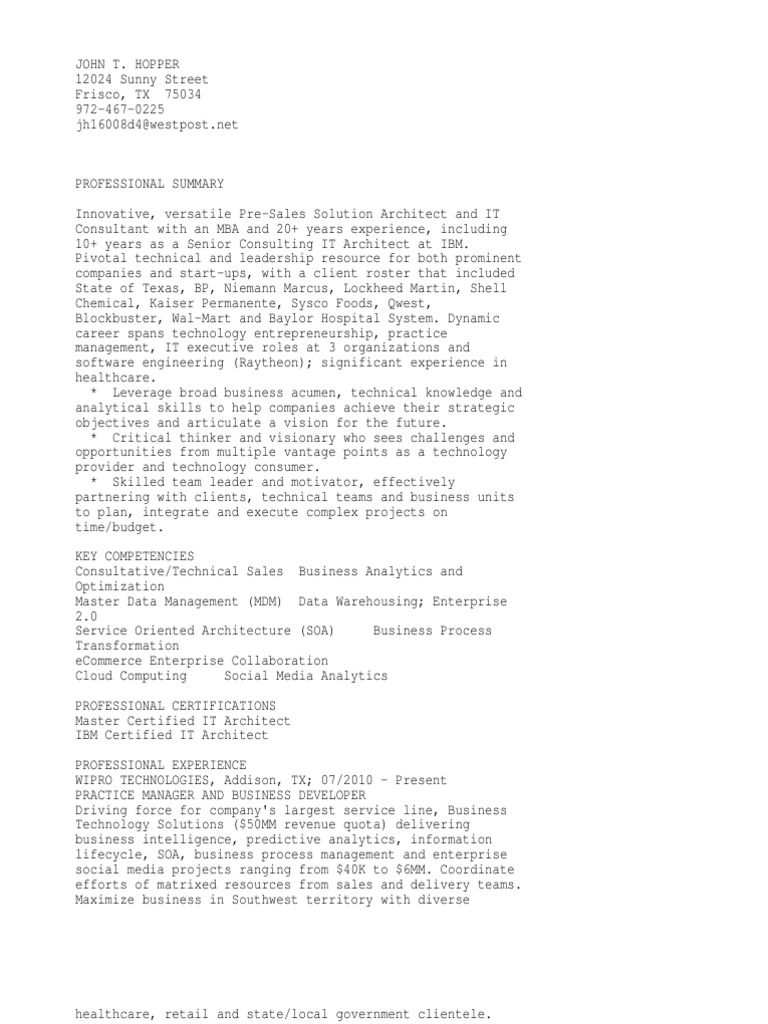 Pre-Sales Solution Architect Profile | PDF | Oracle Corporation | Ibm