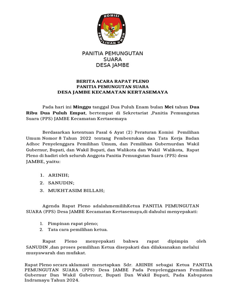 DRAFT BA PLENO PPS TENTANG PEMILIHAN KETUA PPS Dan DIVISI PPS 2024 JAMBE | PDF