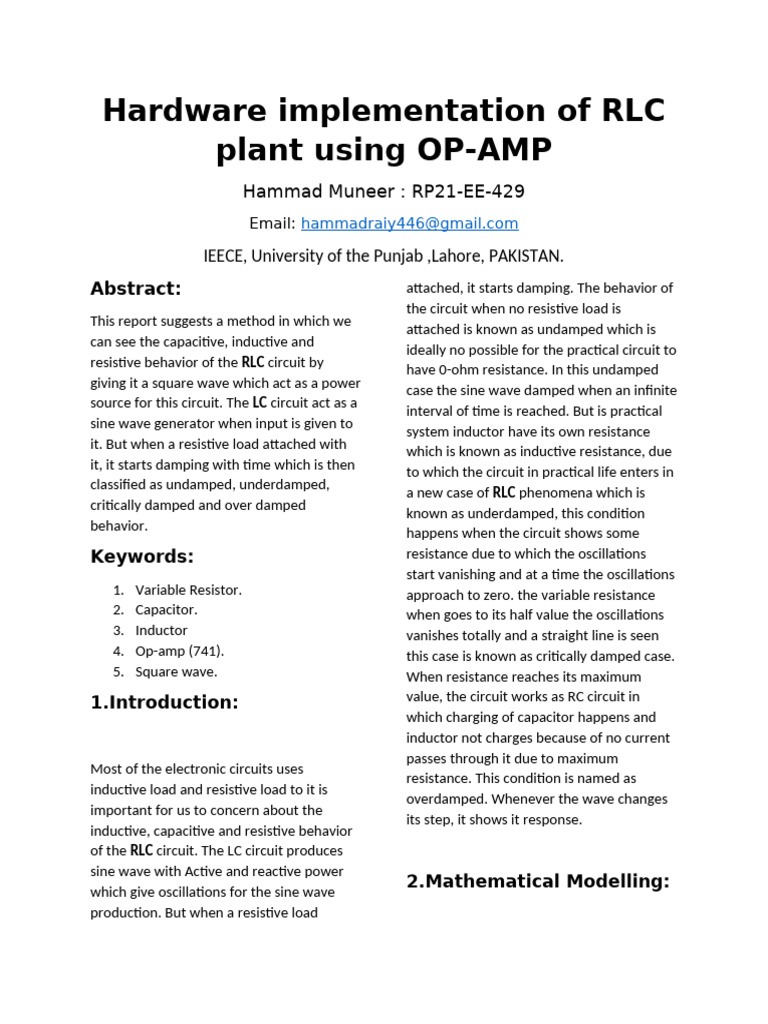 Hardware Implementation of RLC Plant Using OP-AMP: Hammad Muneer: RP21 ...