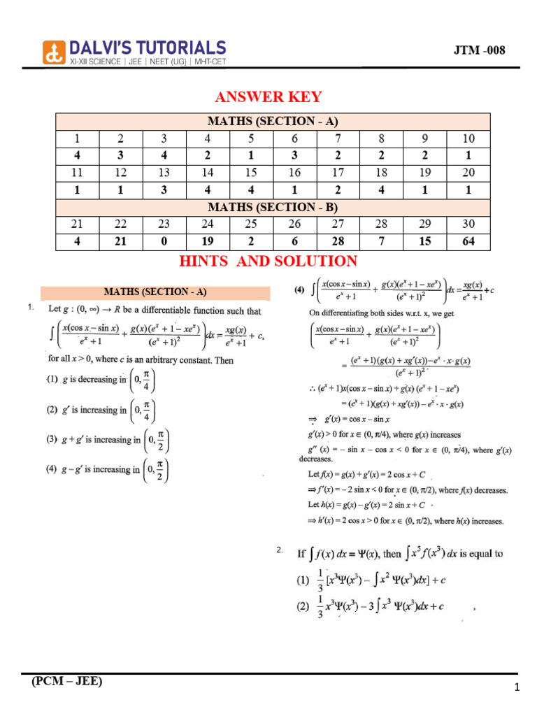 JTM - 008 - Xiith - Math - Jee Main - Indefinite Integration & Definite Integration - Hints ...