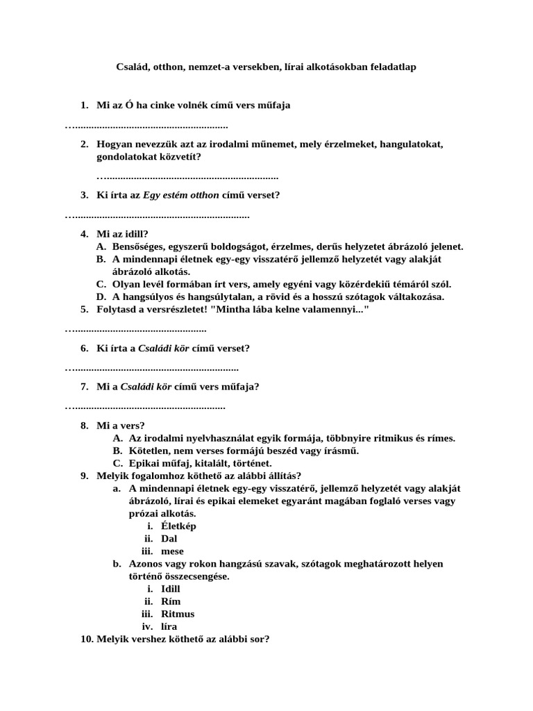 Család, Otthon, Nemzet-A Versekben, Lírai Alkotásokban Feladatlap | PDF