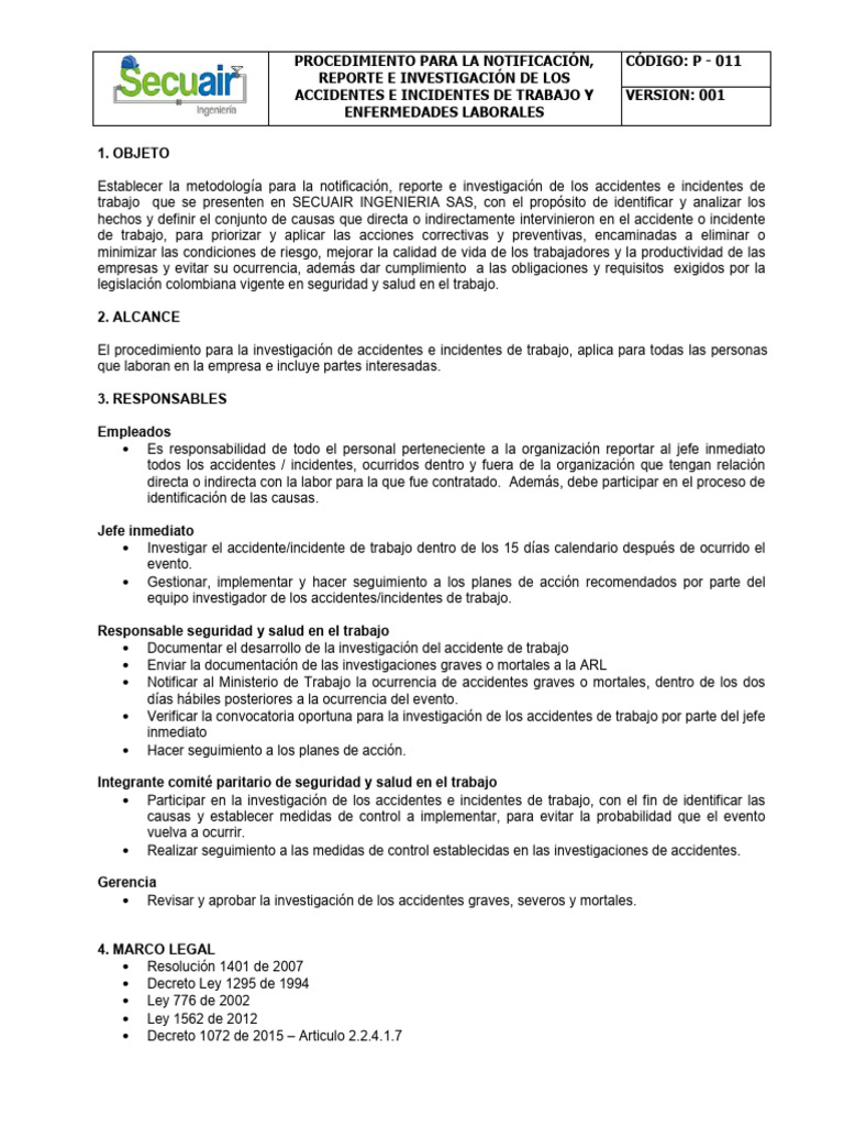 Procedimiento Reporte e Investigación de Eventos | PDF