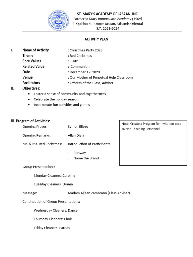 Activity Plan Christmas Party | PDF | Christian Worship And Liturgy ...