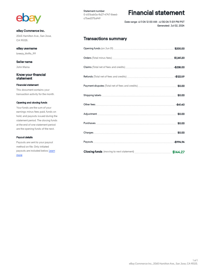 eBay Seller Financial Statement Summary | PDF | E Bay | Service Industries