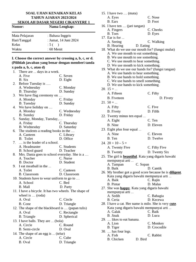 Soal UKK Kelas 5 Tahun 2023-2024 FIX | PDF