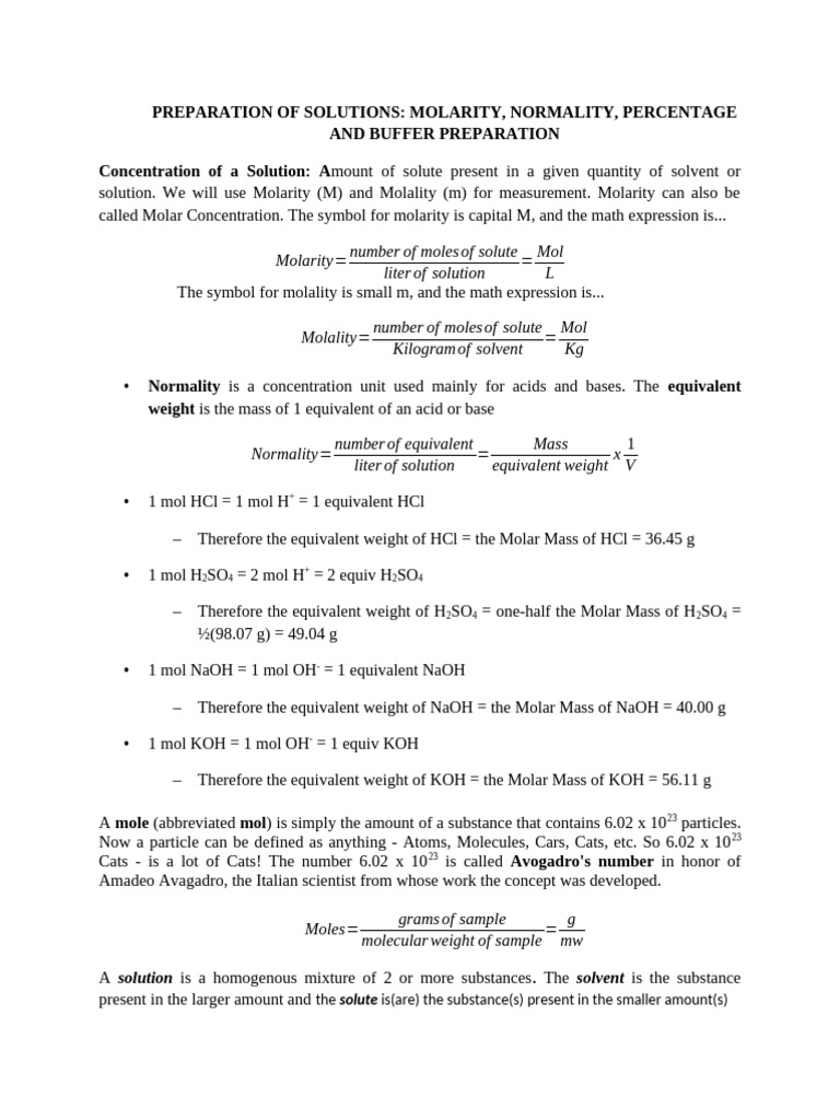 Preparation of Solutions, Molarirt and Normality | PDF | Mole (Unit ...