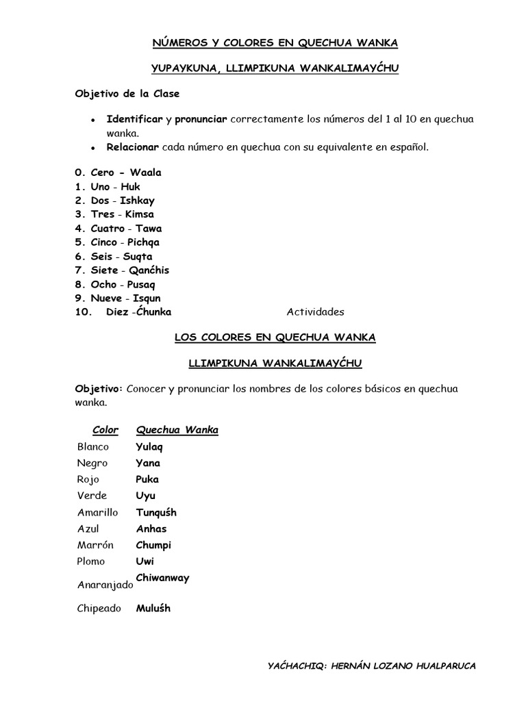 Números y Colores en Quechua Wanka | PDF | Arte