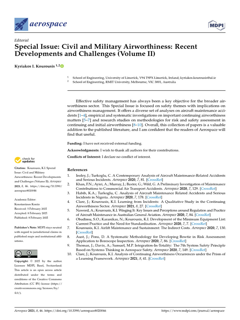 Aerospace: Special Issue: Civil and Military Airworthiness: Recent Developments and Challenges ...