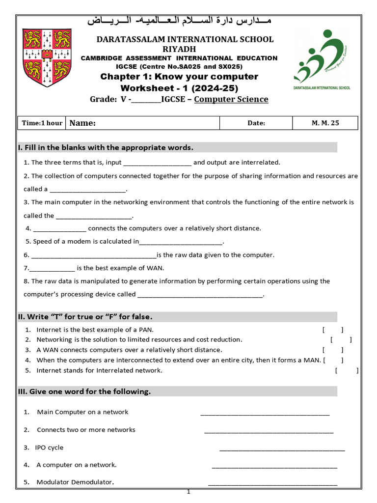 Computer Grade 5-IGCSE Worksheet-1 2024-25 | PDF | Computer Network | Modem