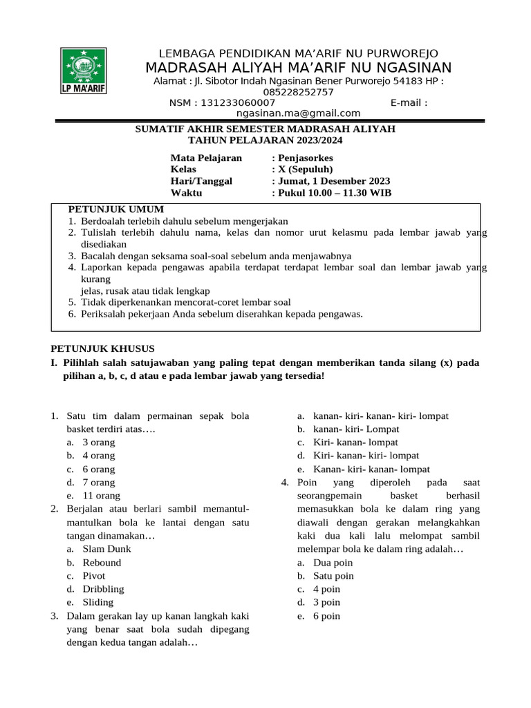 Soal Penjasorkes X Sem 1 | PDF | Olahraga & Rekreasi