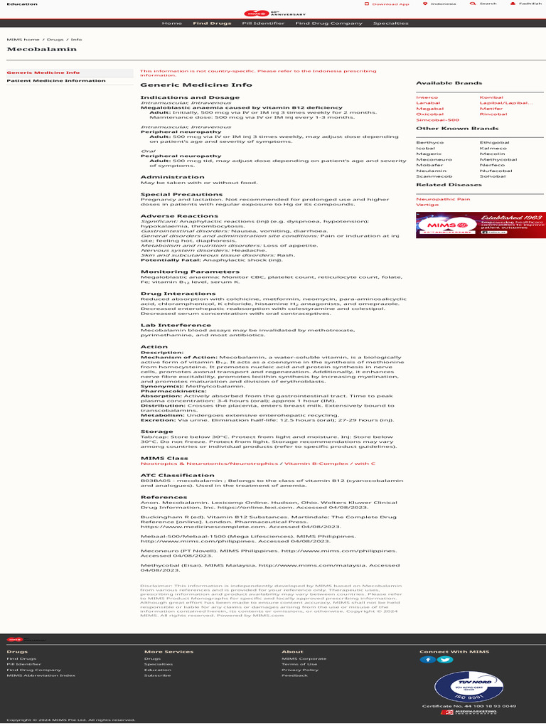 Mecobalamin - Indication, Dosage, Side Effect, Precaution - MIMS Indonesia | PDF | Vitamin B12 ...