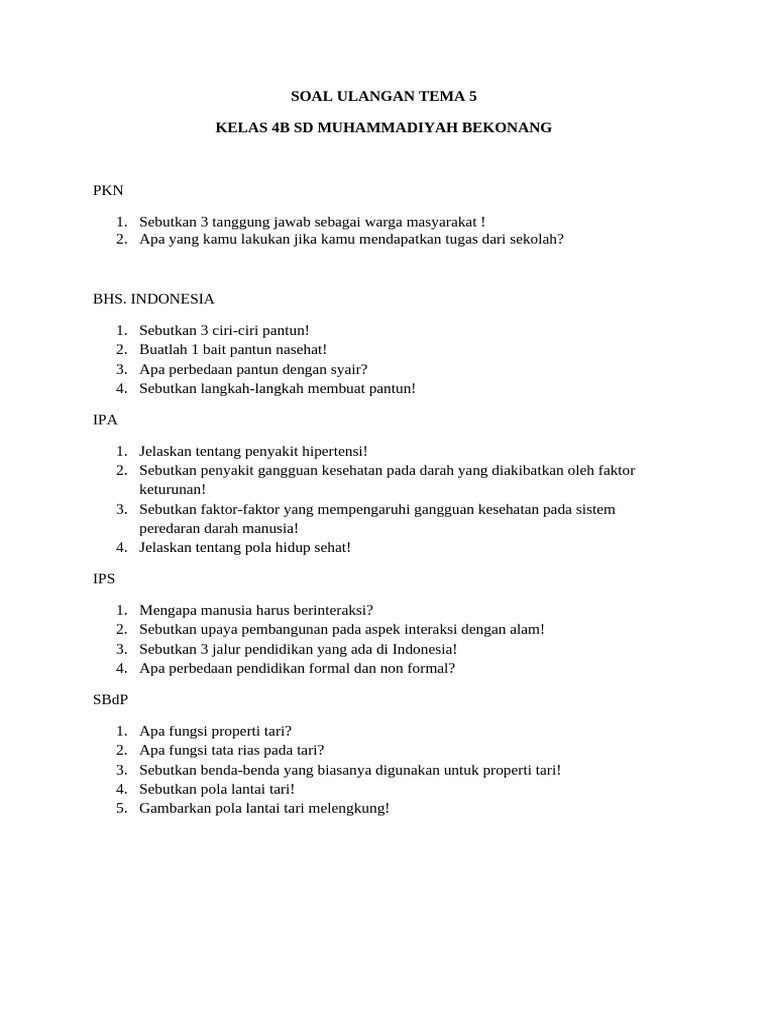 Soal Ulangan Sub Tema 2 Tema 4 | PDF