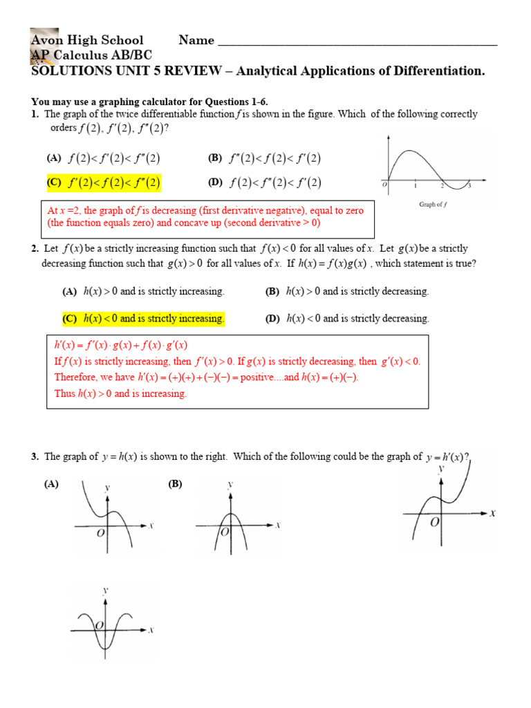 SOLUTIONS Unit 5 REVEIW | PDF | Derivative | Tangent