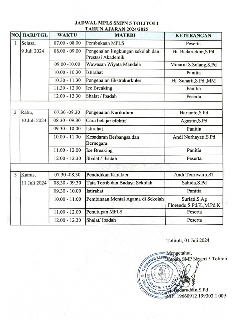 Jadwal Kegiatan MPLS SMPN 5 Tolitoli T.A 2024 - 2025 | PDF
