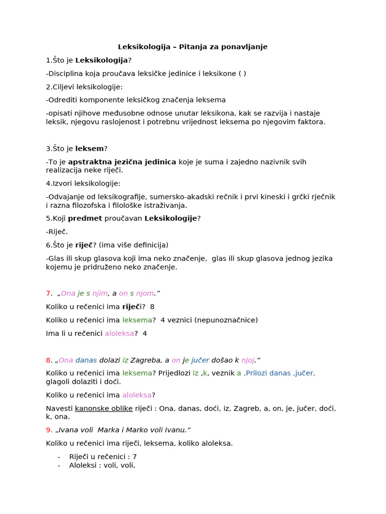 Leksikologija - Pitanja Za Ponavljanje | PDF