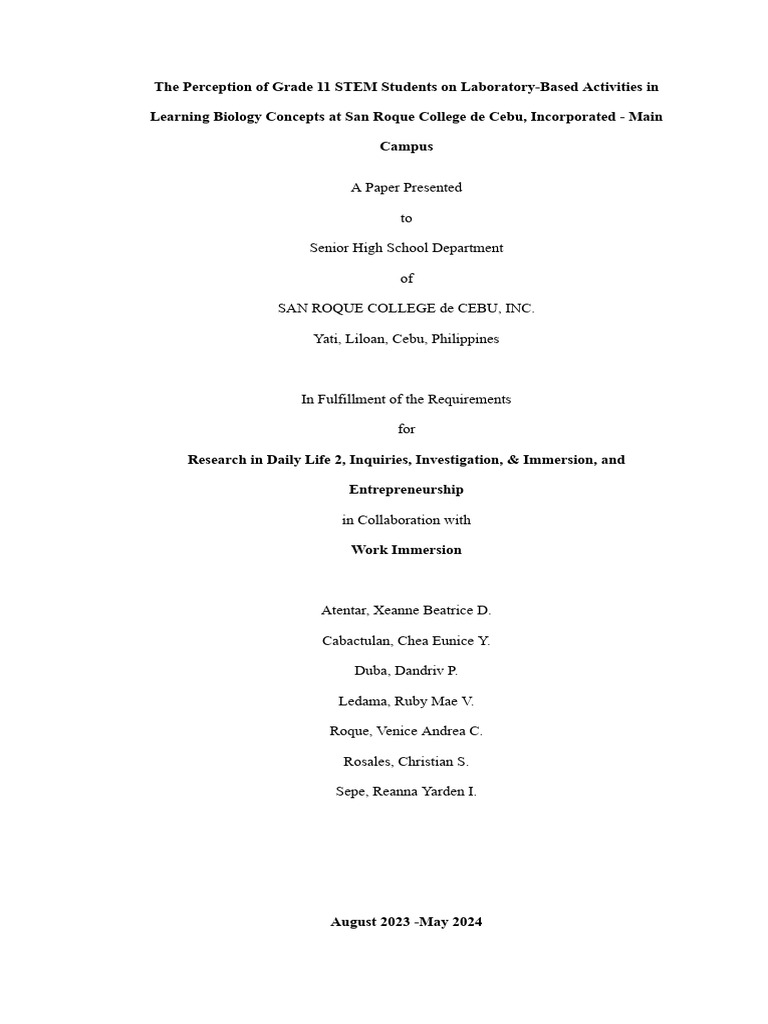 The Perception of Grade 11 STEM Students On Laboratory-Based Activities in Learning Biology ...
