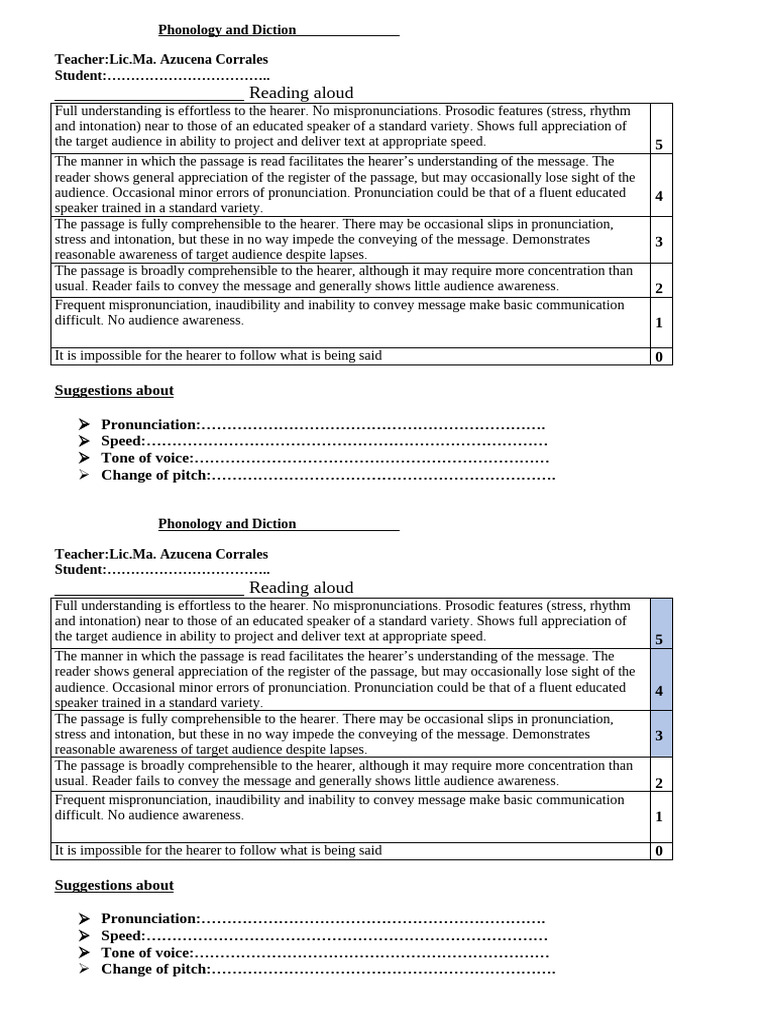 Rubrics Reading Pdf Stress Linguistics Phonetics