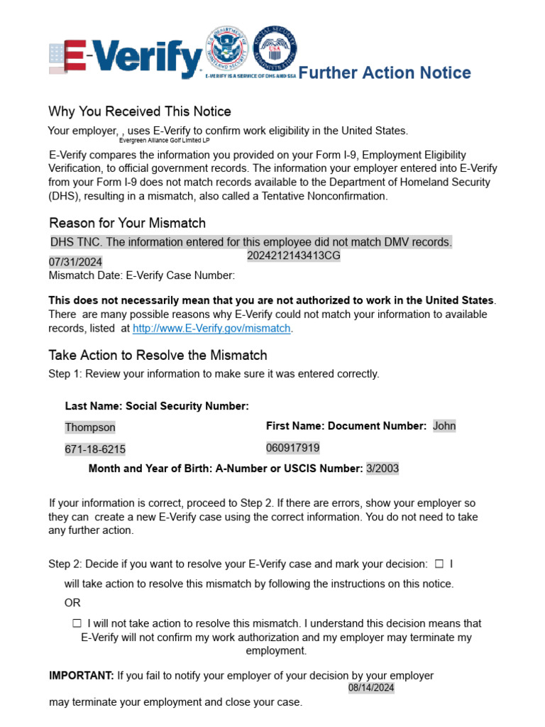 John Thompson DHS Mismatch - E-Verify Further Action Notice | PDF | E Verify | Human Rights