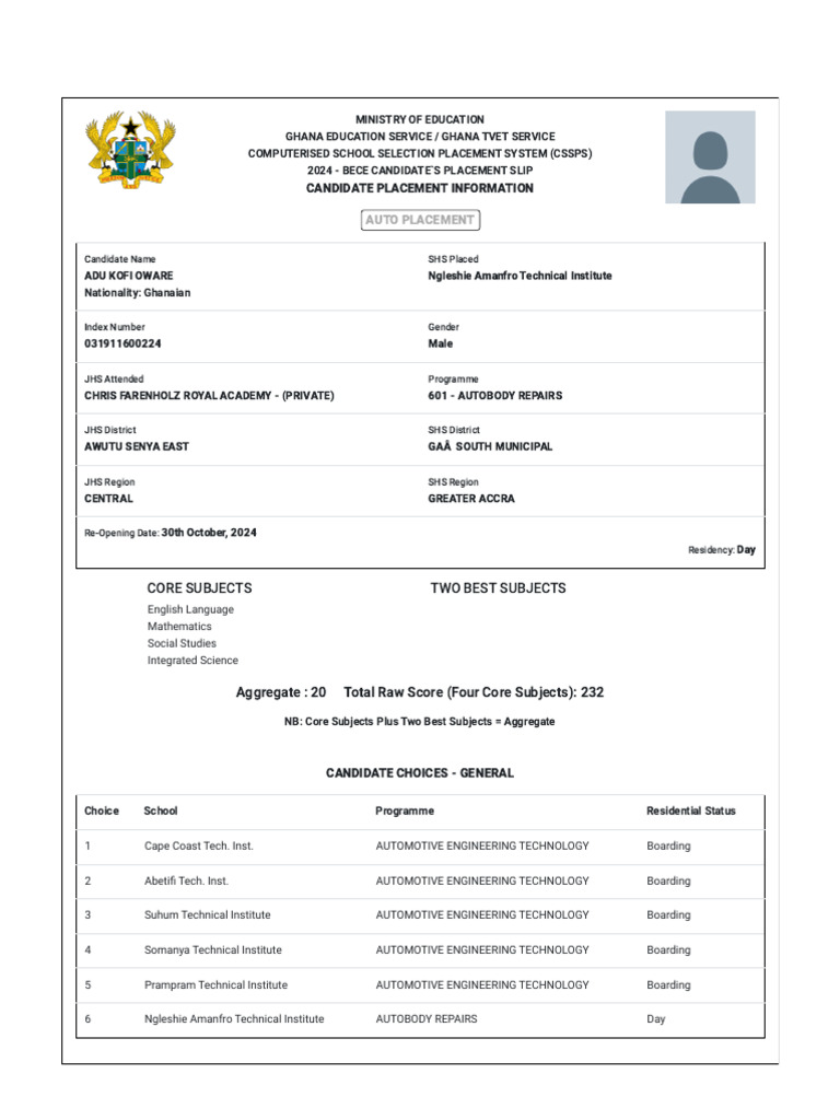 Cssps - Gov.gh Placement Placementslip | PDF | Ghana