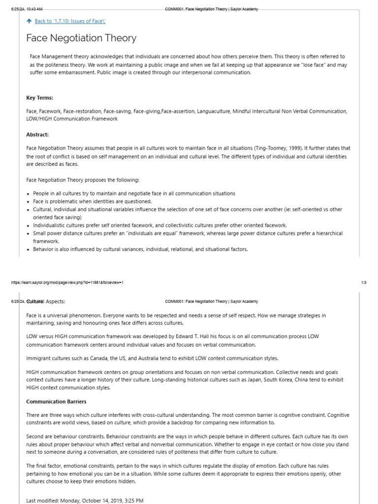 COMM001_ Face Negotiation Theory _ Saylor Academy | PDF | Communication | Liberal Arts Education