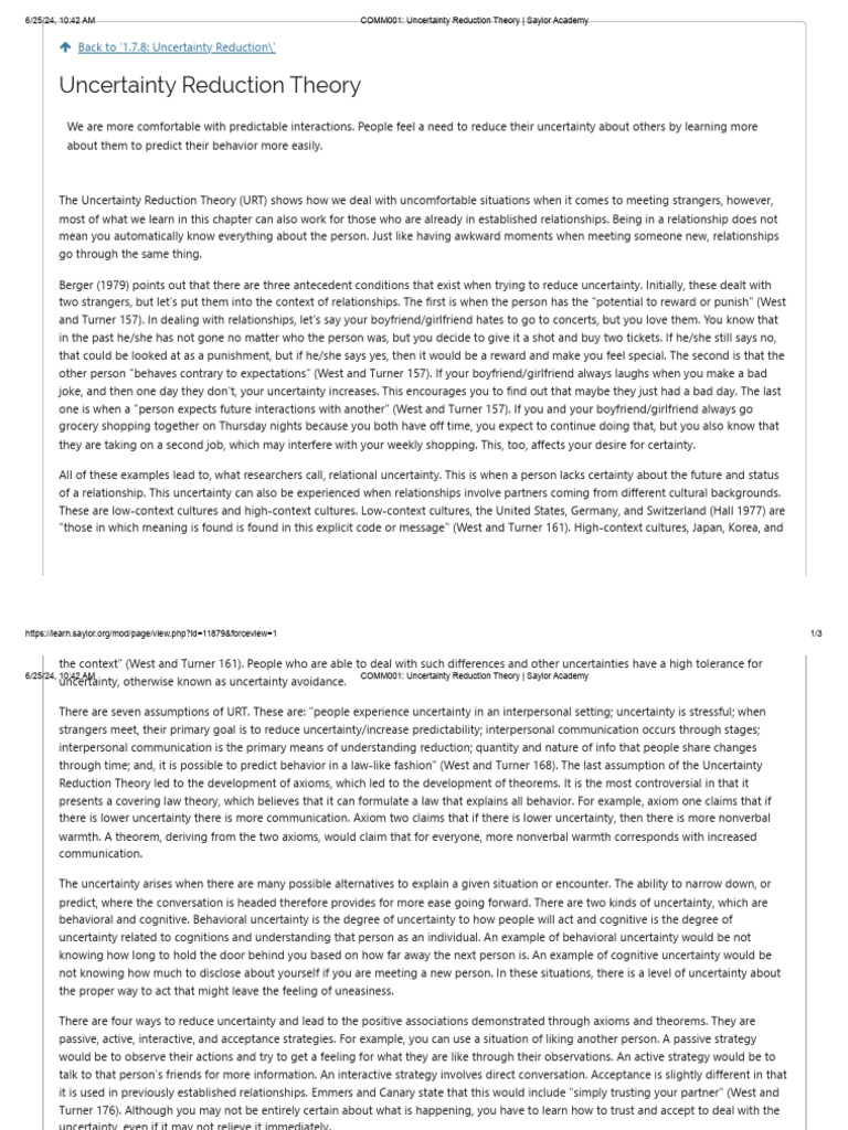 COMM001 - Uncertainty Reduction Theory - Saylor Academy | PDF ...