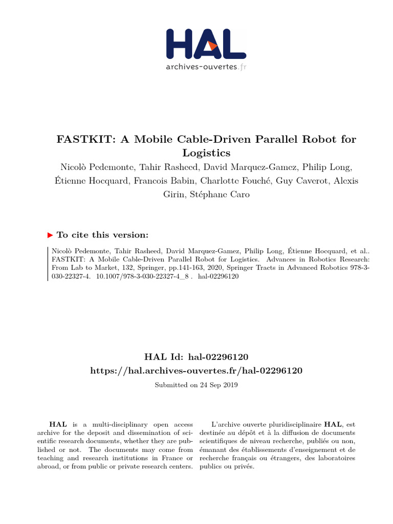 Fastkit A Mobile Cable Driven Parallel Robot For L Pdf Kinematics Robot
