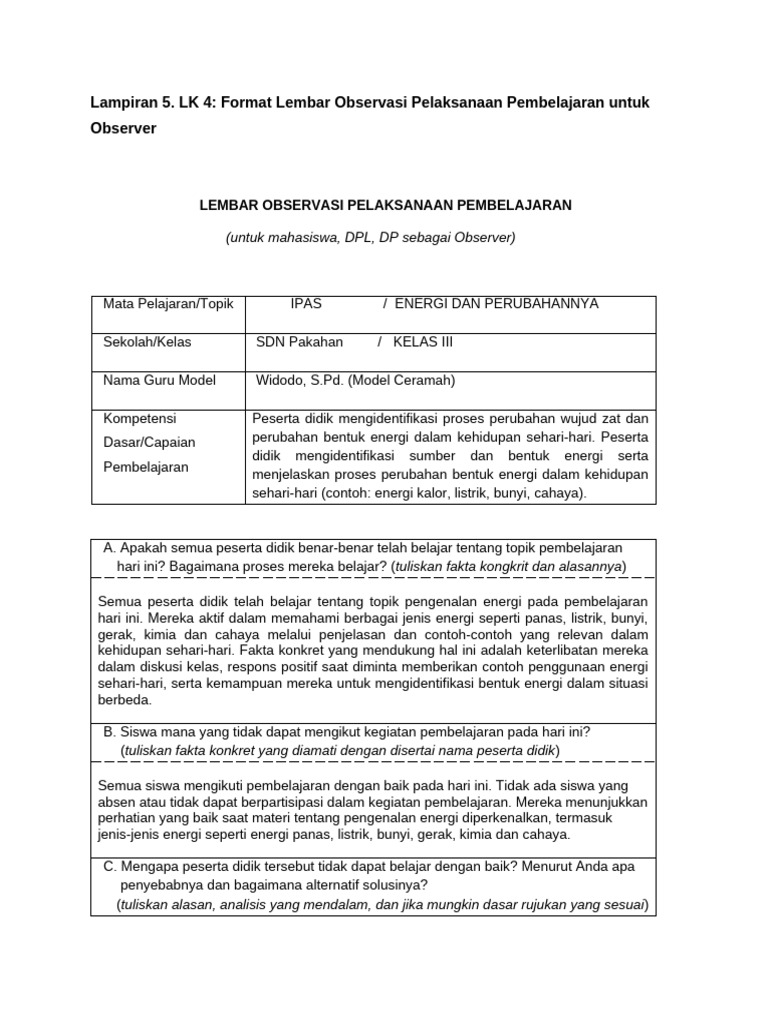 Lampiran 5. LK 4 Format Lembar Observasi Pelaksanaan Pembelajaran Untuk Observer | PDF | Karier ...
