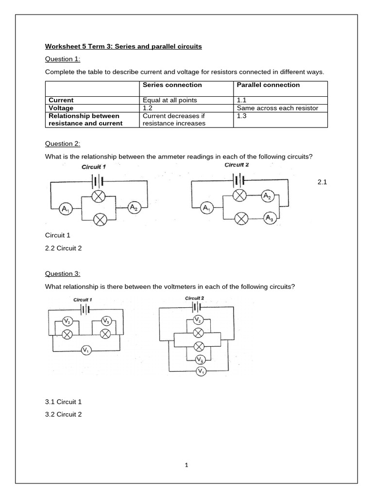 Worksheet 5 Term 3 Series and parallel circuits | PDF | Series And Parallel Circuits | Voltage