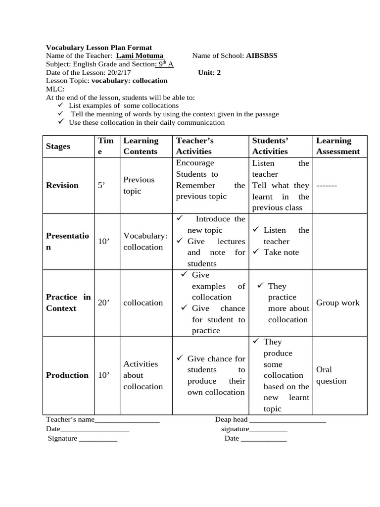 Vocabulary Lesson Plan: Collocations | PDF | Vocabulary | Cognitive Science