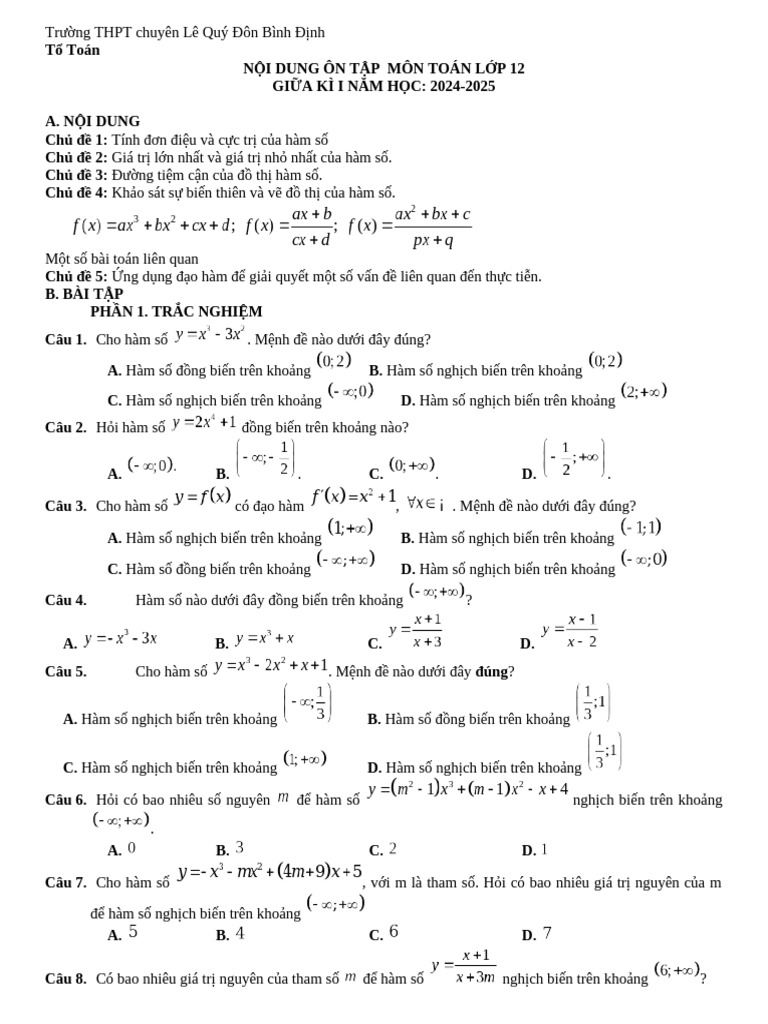 Đề cương TOÁN-GK1-L12-2024-2025 | PDF