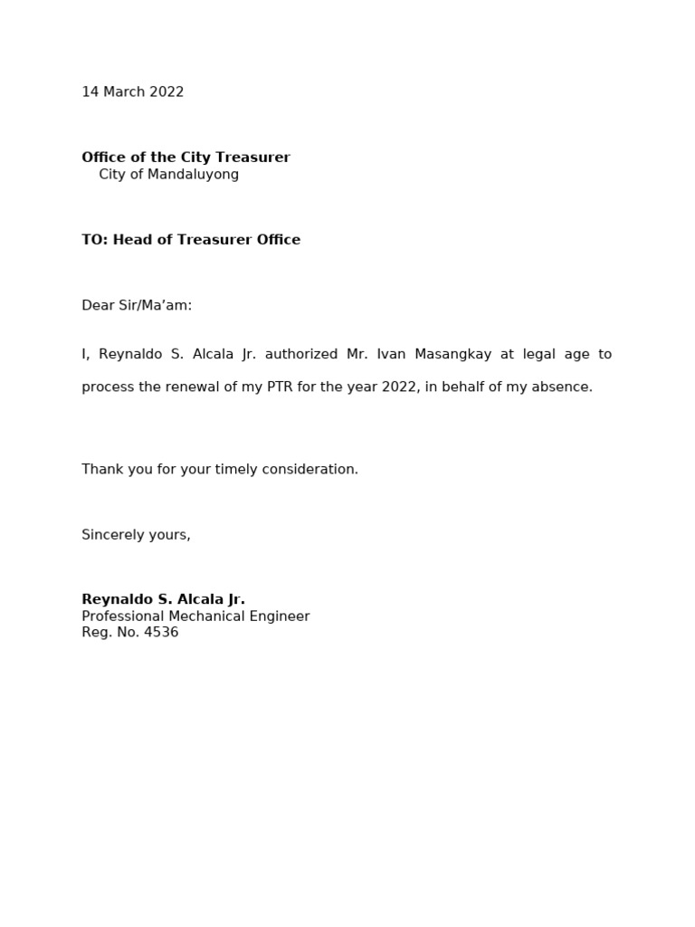 PTR Authorization Letter for Renewal | PDF