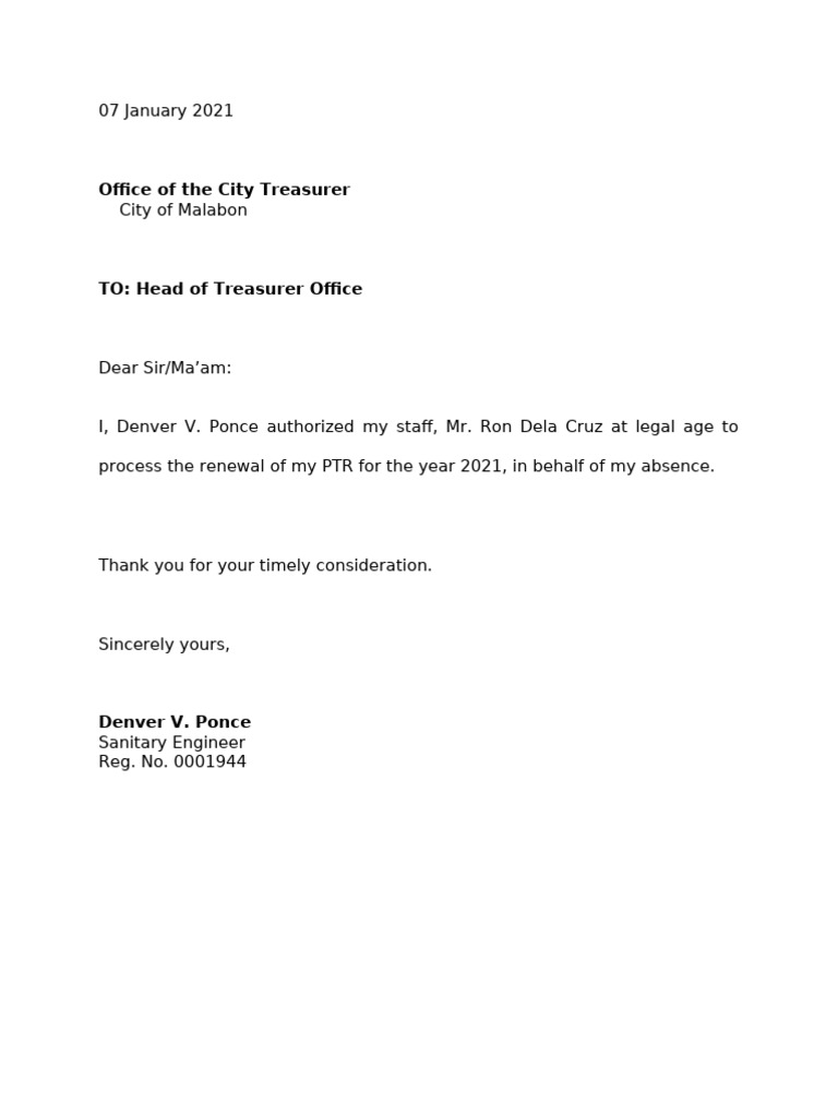 Authorization Letter- PTR 2021 - Sanitary | PDF