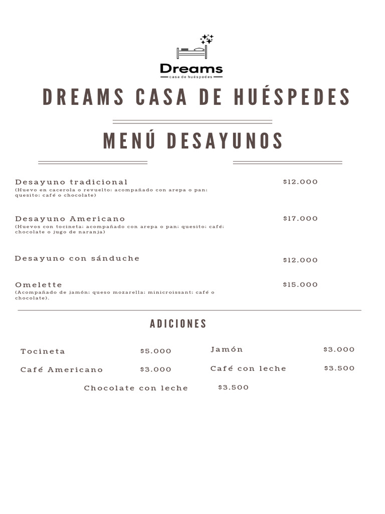 Menú Desayunos Dreams Casa de Huéspedes | PDF