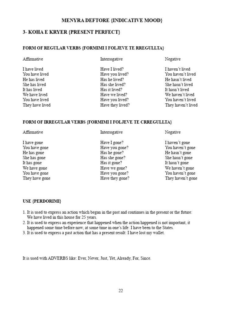 Menyra Deftore: Present Perfect Forms | PDF | Morphology | Semantic Units