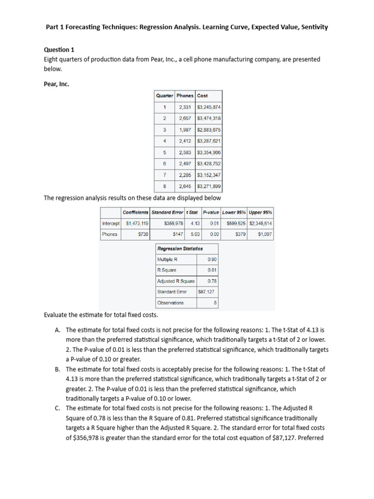 Part 1 Forecasting Technique - Regression Analysis. Learning Curve, Expected Value, Sentivity ...