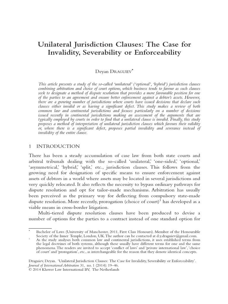 Unilateral Jurisdiction Clauses - The Case of | PDF | Arbitration ...