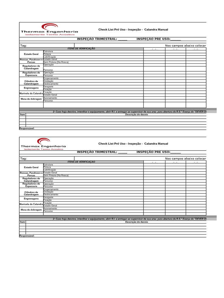 Check List Calandra | PDF | Processos industriais | Ferramentas de corte