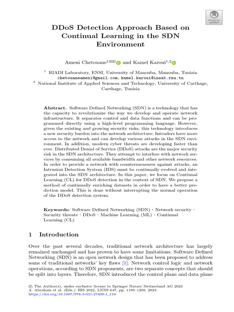 Ddos Detection Approach Based On Continual Learning In The Sdn Environment Pdf Computer