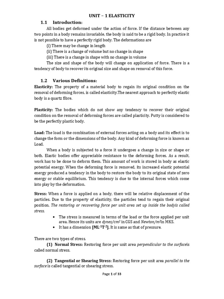 US01CPHY21 Unit1 Elasticity | PDF | Elasticity (Physics) | Deformation (Engineering)