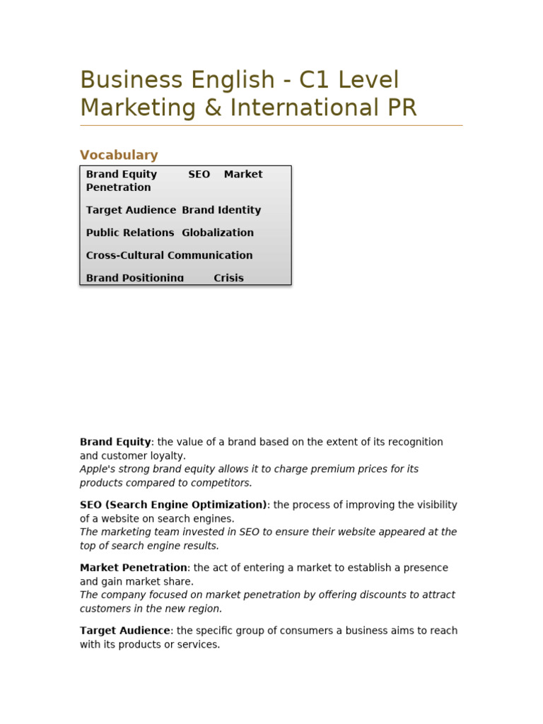 C1 Business English Class Marketing PR | PDF | Brand | Public Relations