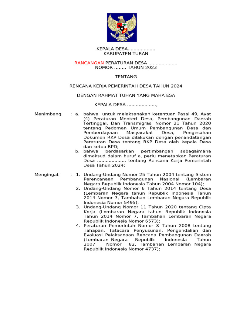 Rancangan Perdes - RKP Desa 2024 | PDF