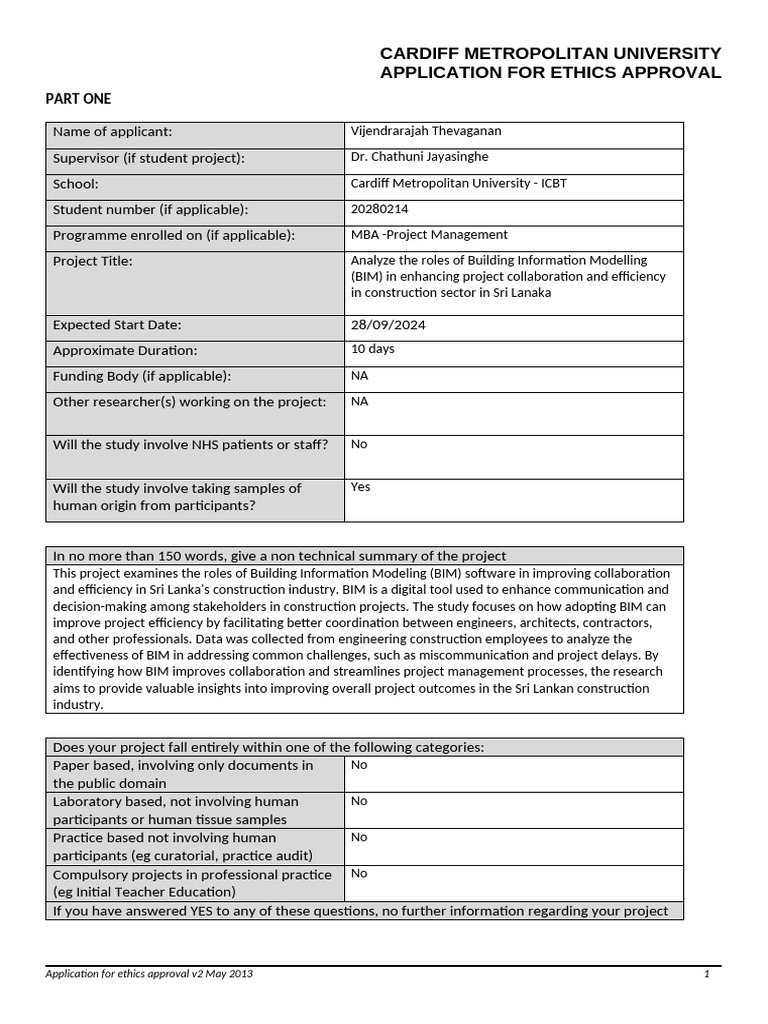 Exemplar 1 Research Ethics Approval Application Form Thevaganan Pdf Building Information