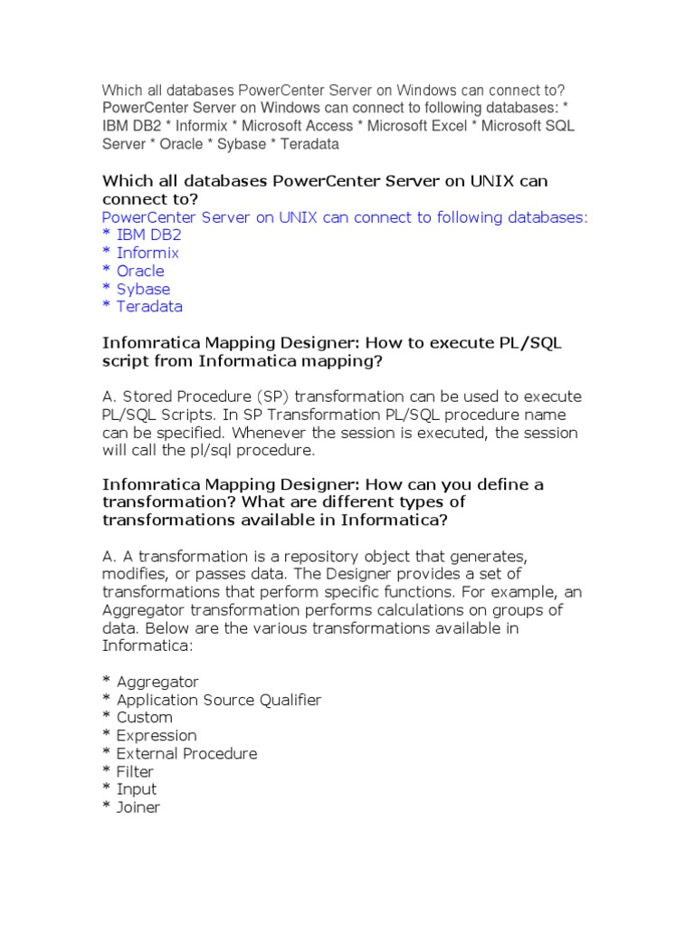 Powercenter Server On Windows Can Connect To Following Databases: Ibm Db2 Informix Microsoft ...