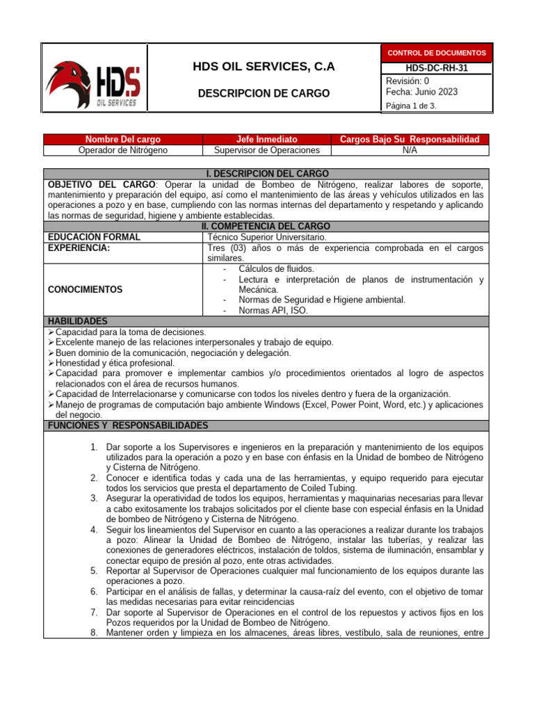 HDS-DC-RH-31 Operador de Nitrogeno | PDF | Sistema de manejo de calidad | Valores