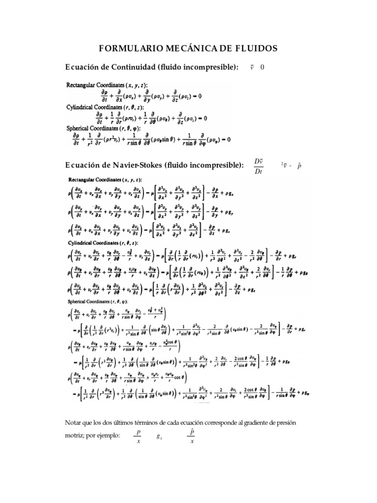 FORMULARIO MECANICA DE FLUIDOS Ecuacion | PDF