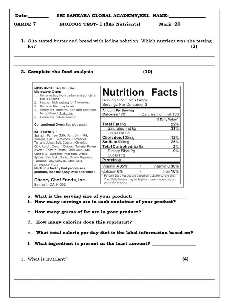 BIOLOGY TEST - 1 (8aa Nutrients) | PDF