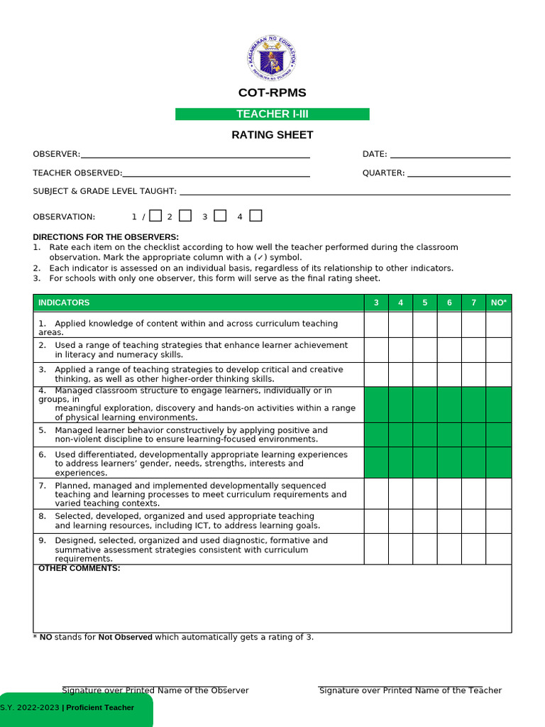 Teacher Observation Rating Sheet 2022-2023 | PDF | Teachers | Learning