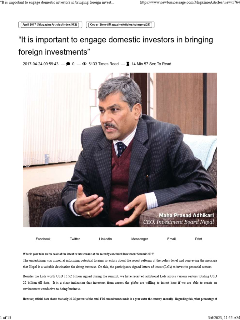 "It Is Important To Engage Domestic Investors in Bringing Foreign ...
