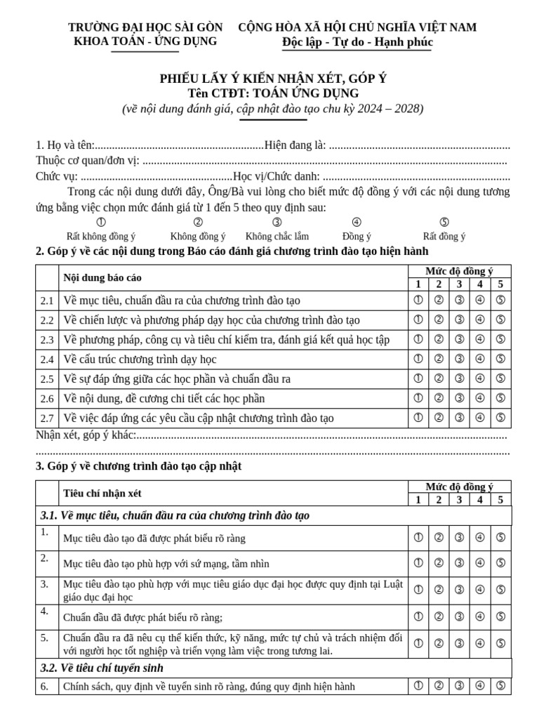 Phu Luc 3 - MauPhieuGopYCTDT TUD | PDF